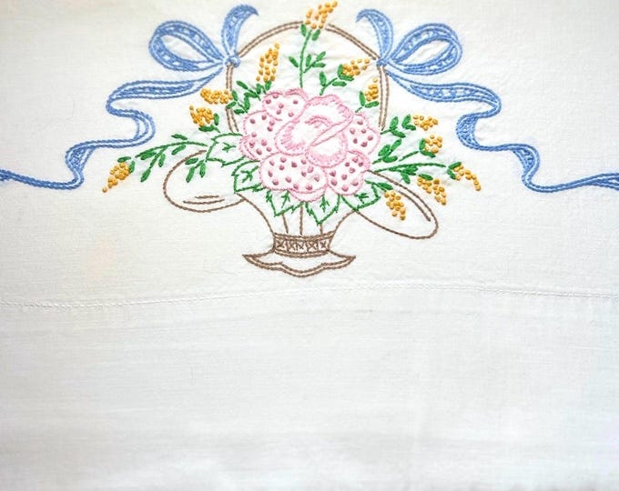 Vintage Embroidered Pillowcase With Embroidery-blue Ribbon Pink Flowers ...