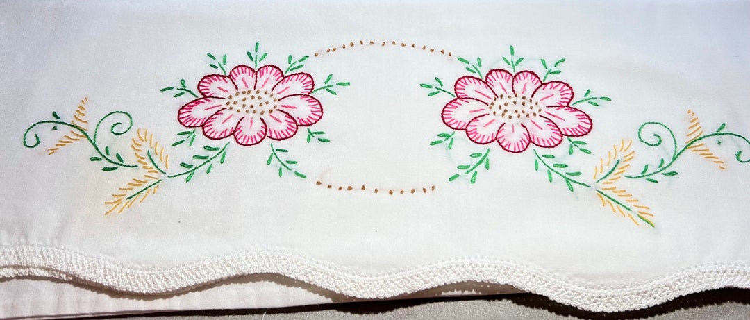 Vintage Embroidered Pillowcase With Embroidery Pink Flowers Embroidered ...