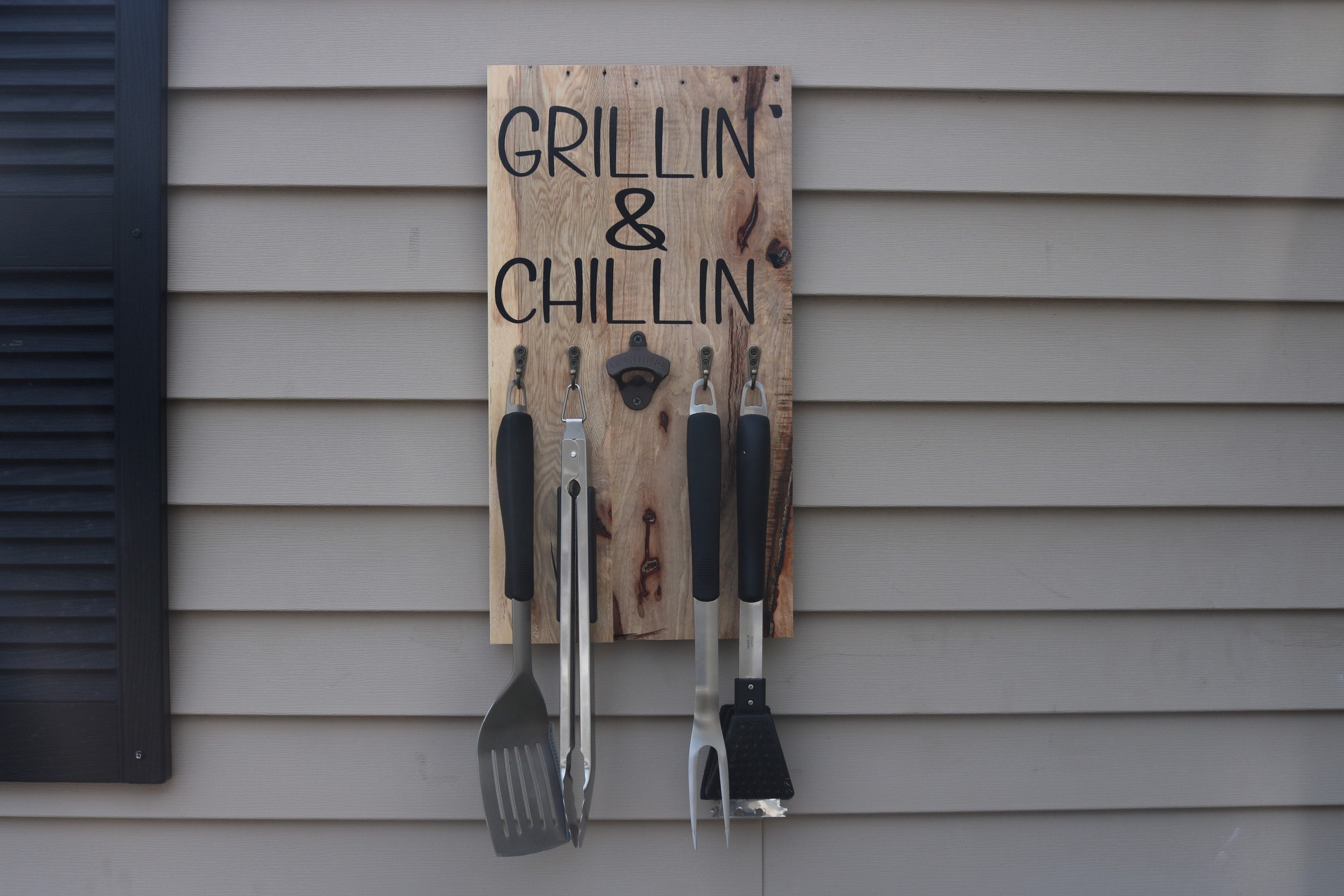 Grill Utensil Holder Wood Sign Rustic Decor Cast Iron Bottle Opener ...