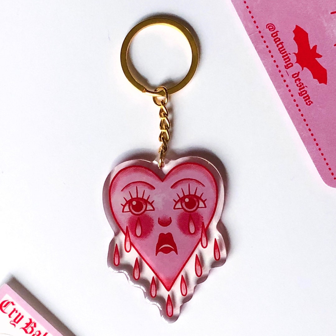 Cry Baby Heart Club Keychain | Acrylic Double Sided Pink and Red Crying ...