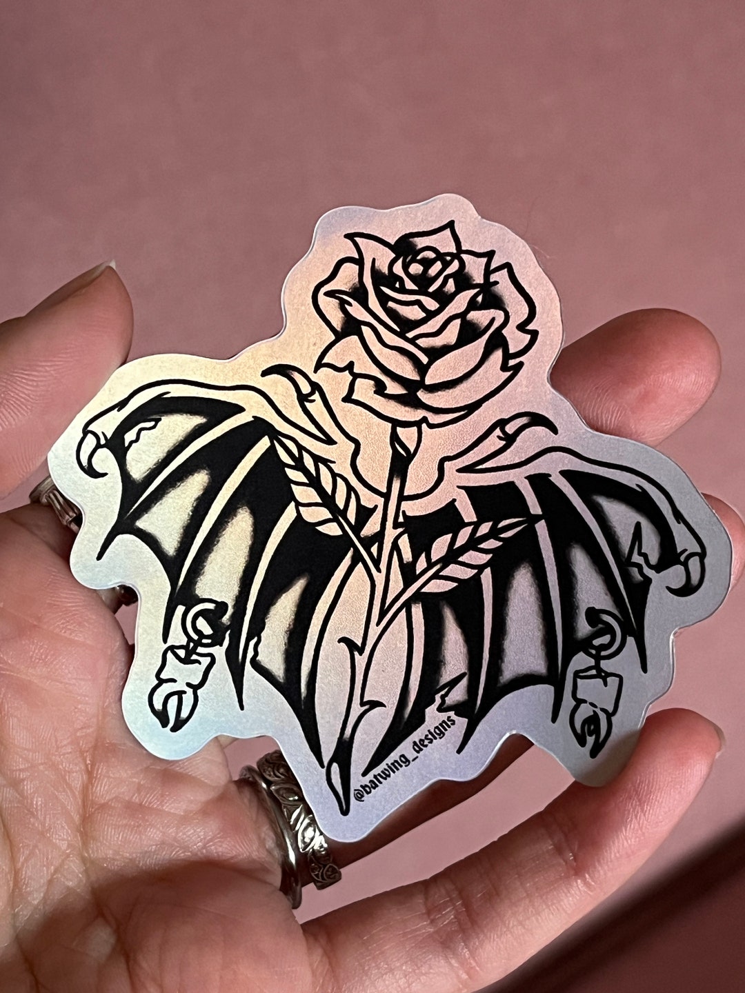 Batwing Tattoo Vinyl Sticker | Matte Holographic Goth Bat Rose Sticker ...