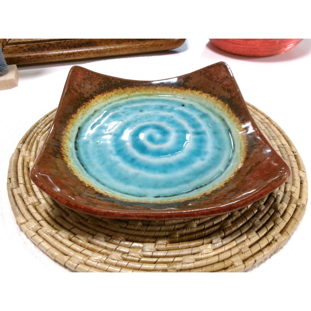 Vintage Pier 1 Square Plate Candle Holder Dish Brown Turquoise Swirl 6 ...