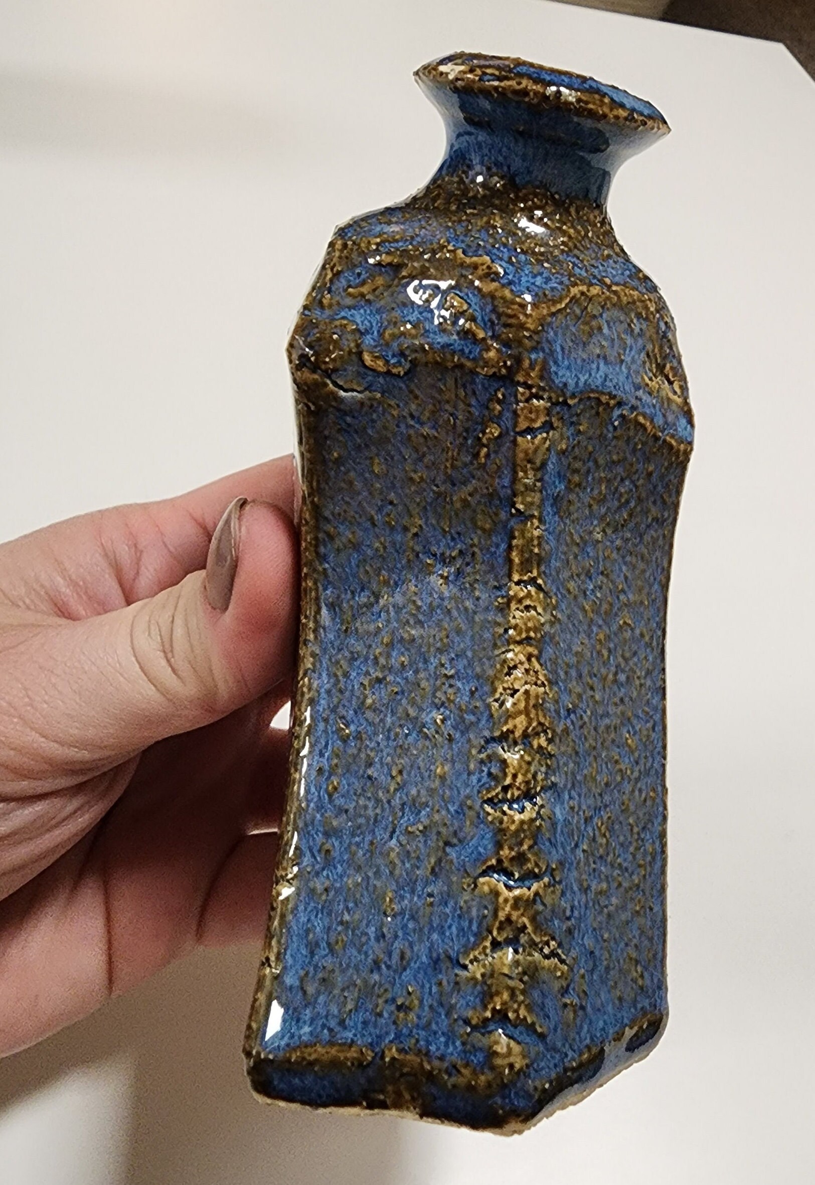 Japanese Vintage Hexagonal Sake Bottle/ Slanted Bottle With Flambé Blue ...