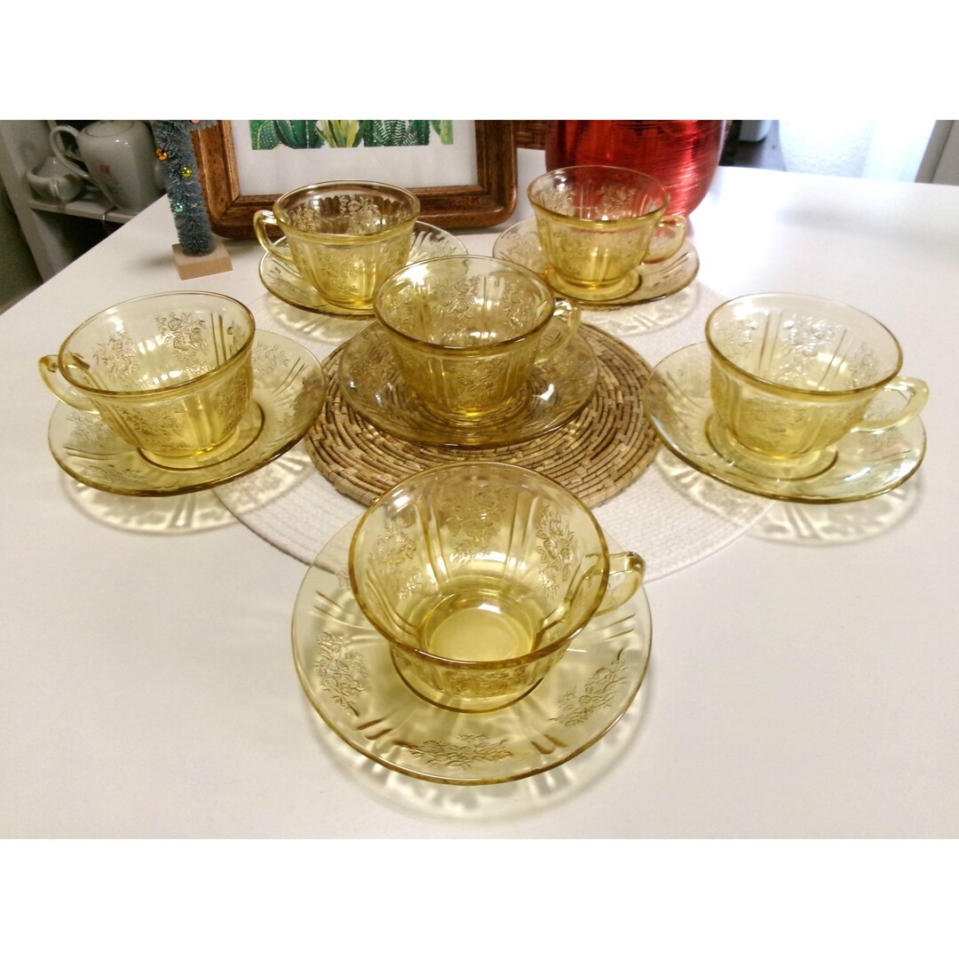 Vintage Set of 6 Amber Federal Glass Sharon Cabbage Rose - Etsy