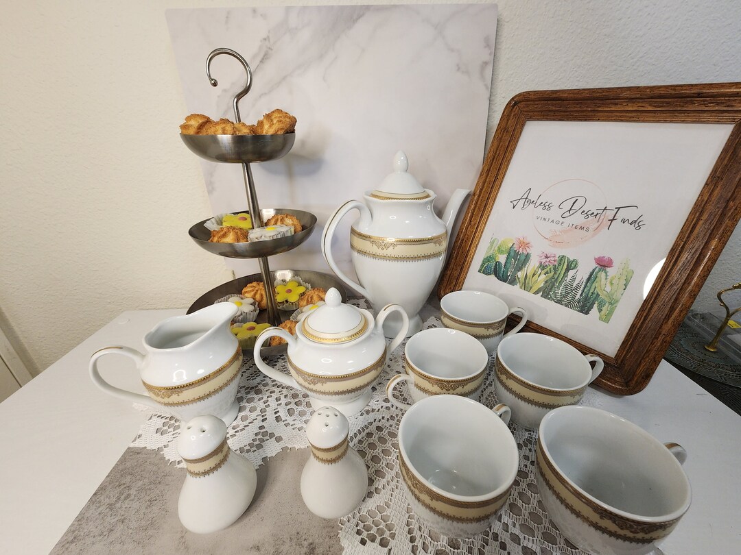 90's Vintage Tea Set- Teapot, Creamer, Sugar Bowl, Salt and Pepper ...