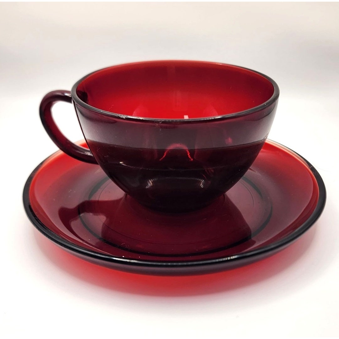 Vintage Christmas Ruby Cherry Red Glass Cup and Saucer Tea or Coffee ...