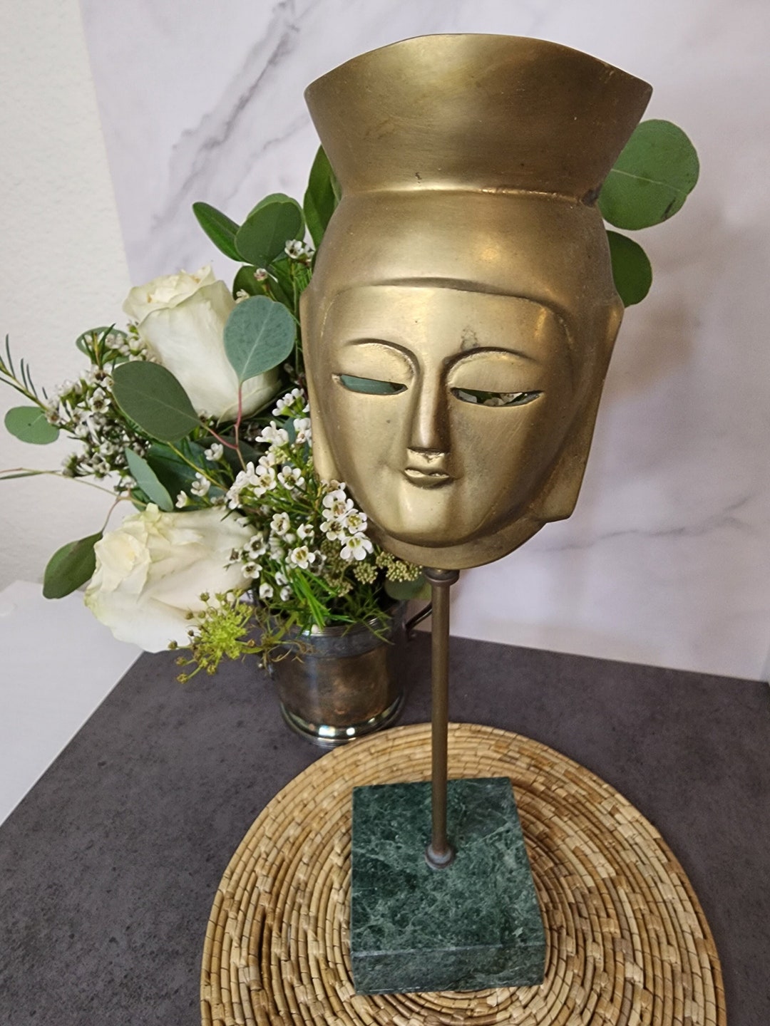 1960s Italian Modern Brass Asian Mask Sculpture on Marble Base - Etsy