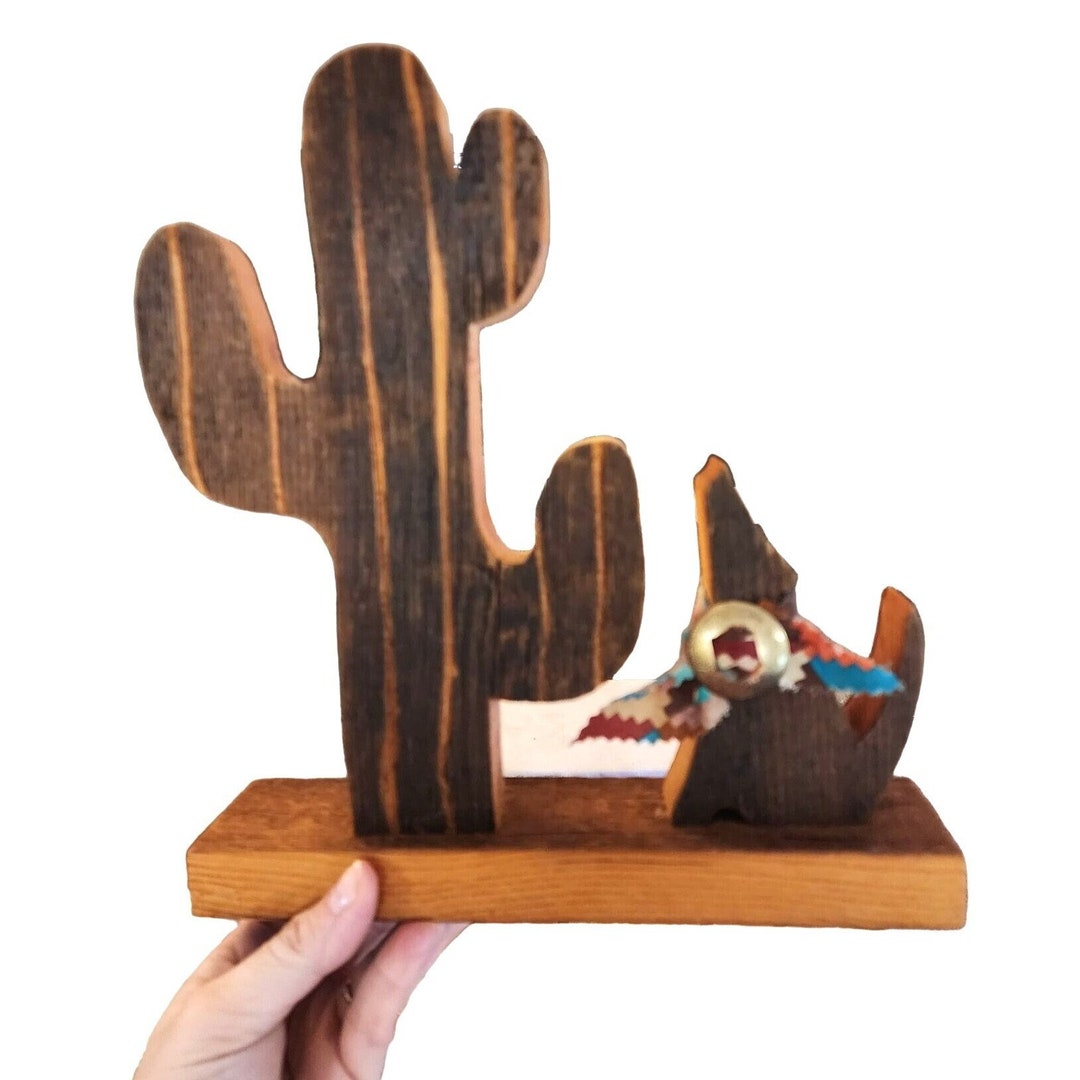 Vintage Primitive Hand Made Folk Art Cactus and Coyote Wood Sculpture ...