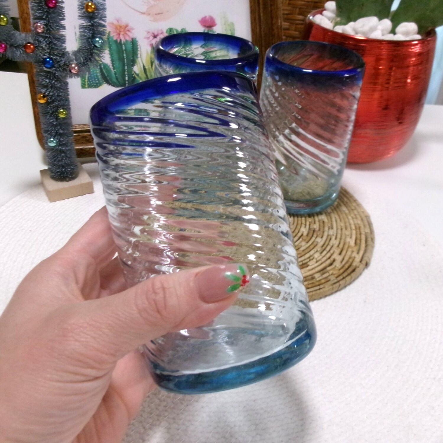 Vintage Tumbler Glass Tornado Style, Cobalt Rim, Hand Blown Glass, From ...