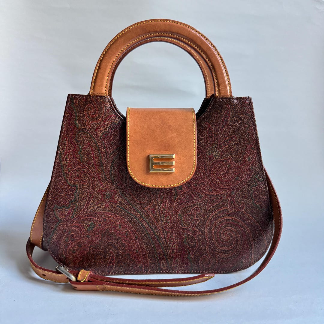 ETRO Vintage PVC 2-way Bag Brown Paisley Leather Shoulder Handbag Italy ...