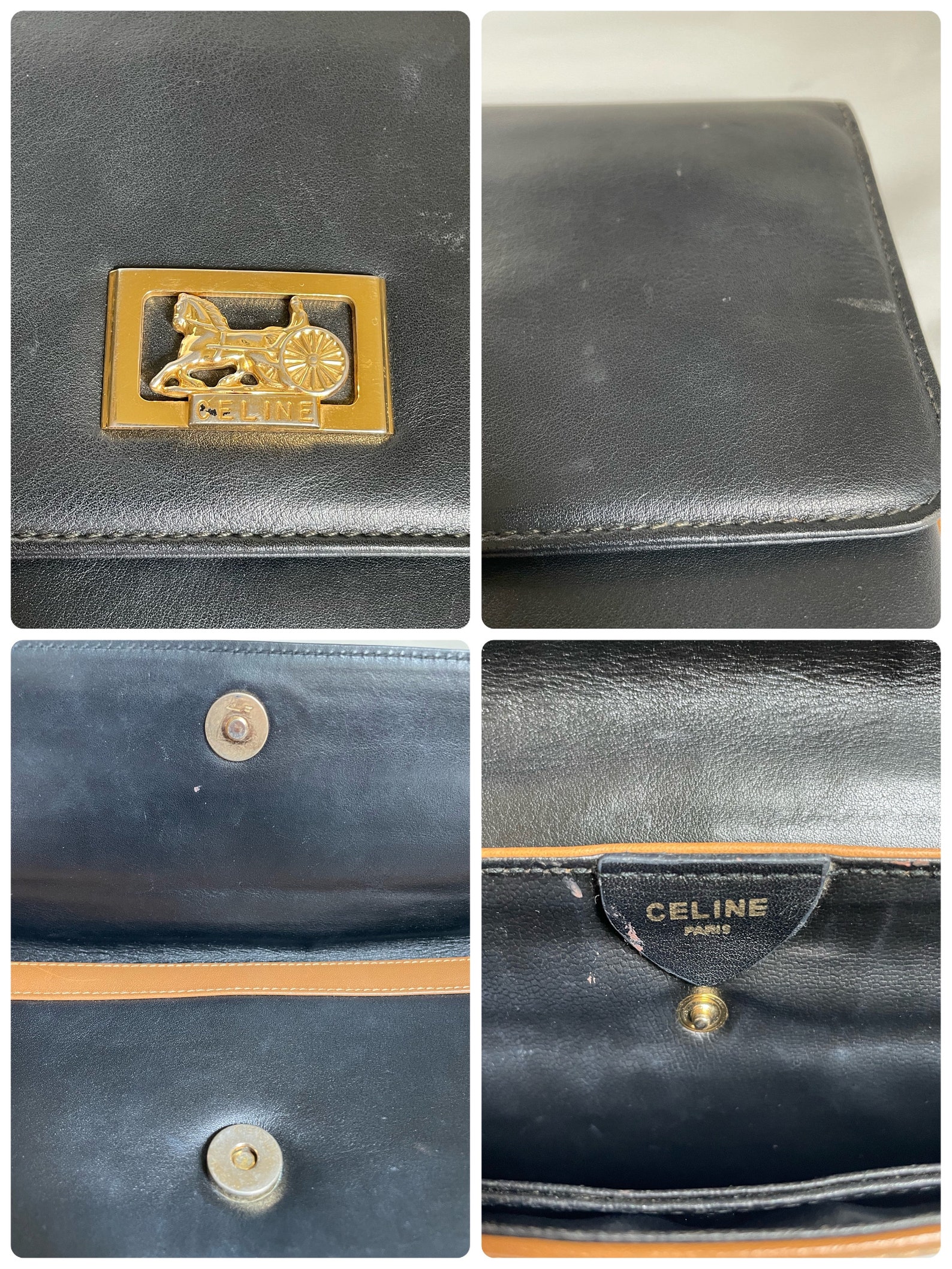 Celine Vintage Carriage Flap Leather Clutch Bag Black Gold Metal - Etsy