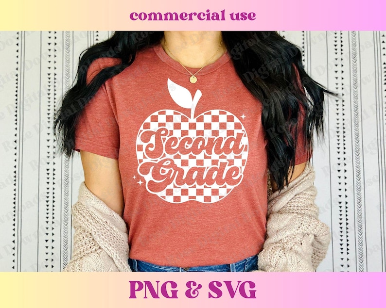 Checkered Second Grade Apple PNG SVG | Retro Vintage Groovy Teacher ...