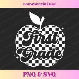 Checkered First Grade Apple PNG SVG | Retro Vintage Groovy Teacher ...