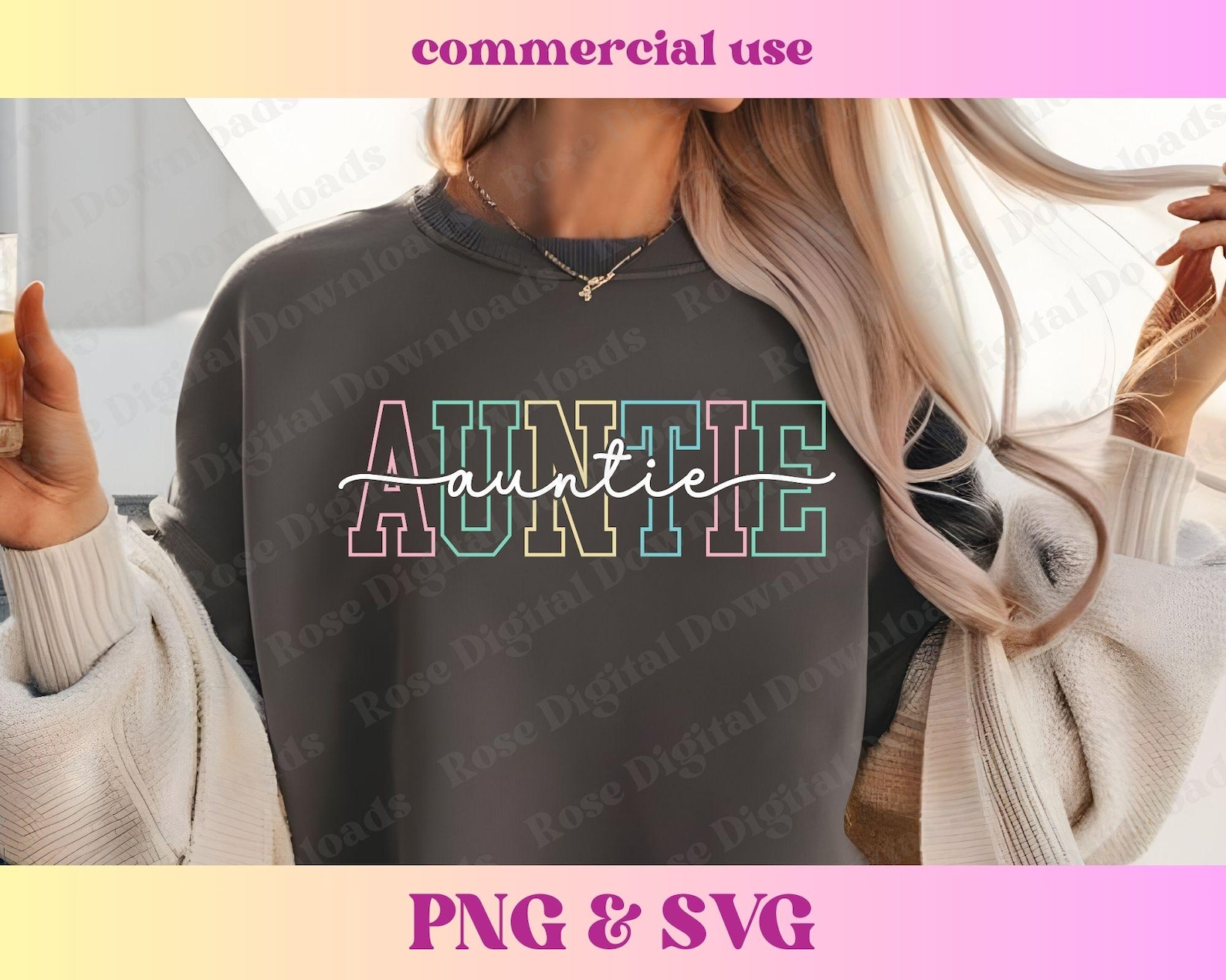 Pastel Varsity Auntie Script PNG SVG | Trendy Colorful Vintage Gift ...