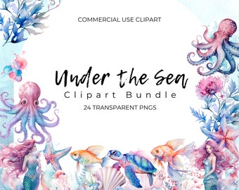 Sea Creature Clipart Bundle, Under the Sea Png, Mermaid Clipart Png ...