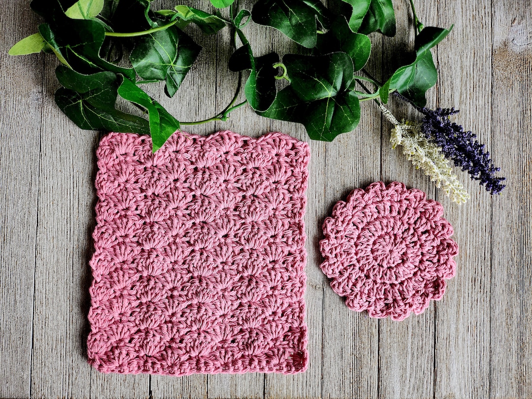 Pink Dishcloth and Coaster Set Crocheted Cotton Kitchen Set Shell ...