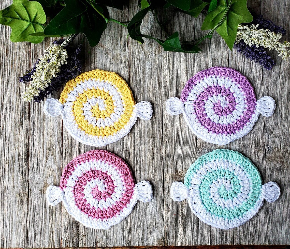 Pastel Candy Swirl Coasters - Candy Wrapper Coasters - Crocheted Cotton ...