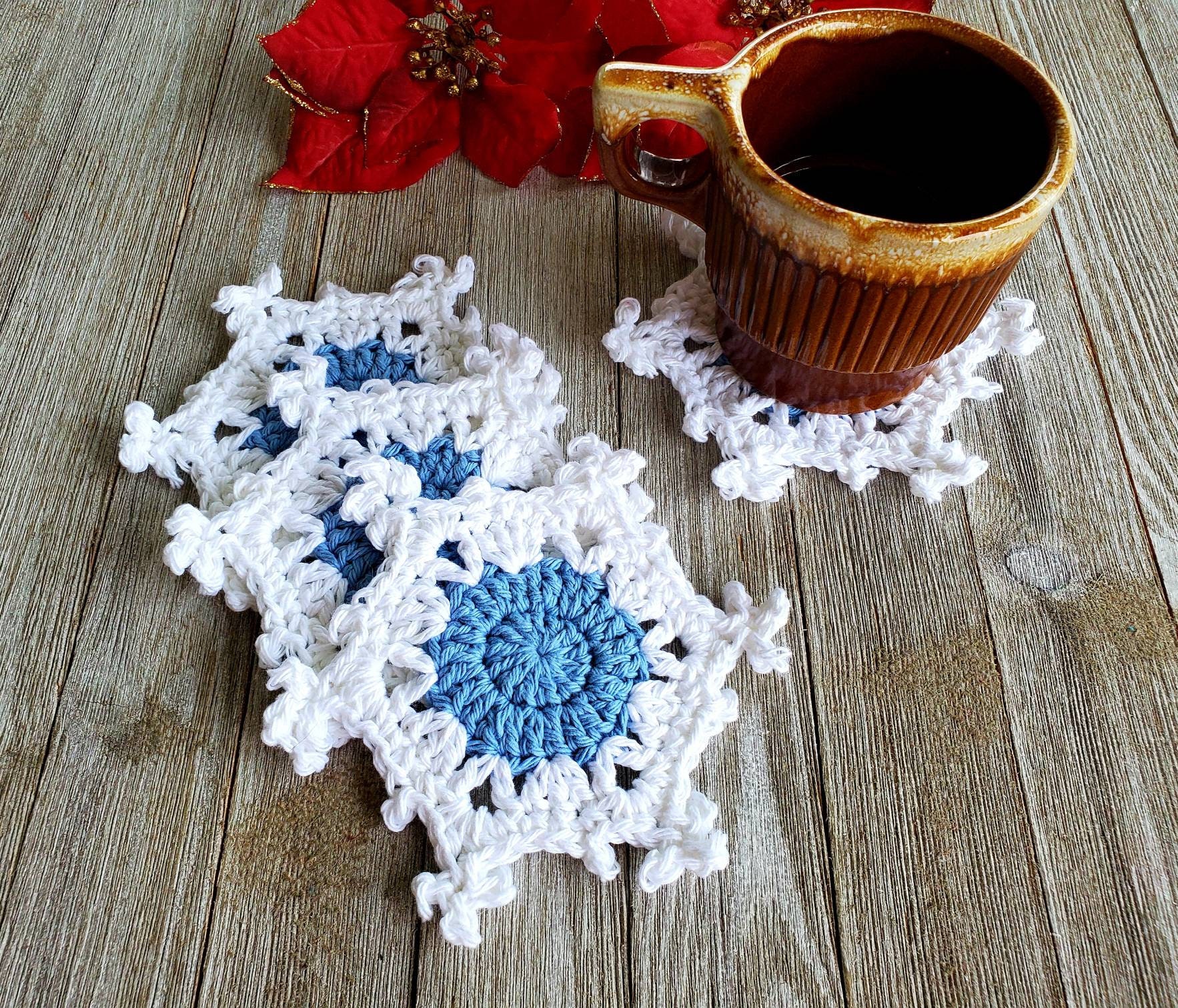 Snowflake Coaster Set Set of 4 Crochet Cotton Coasters Blue | Etsy