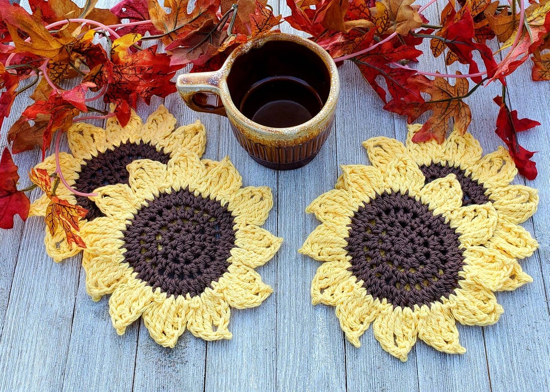 Sunflower Coaster Set, Crochet Cup Drink Coasters, Fall Autumn Home ...