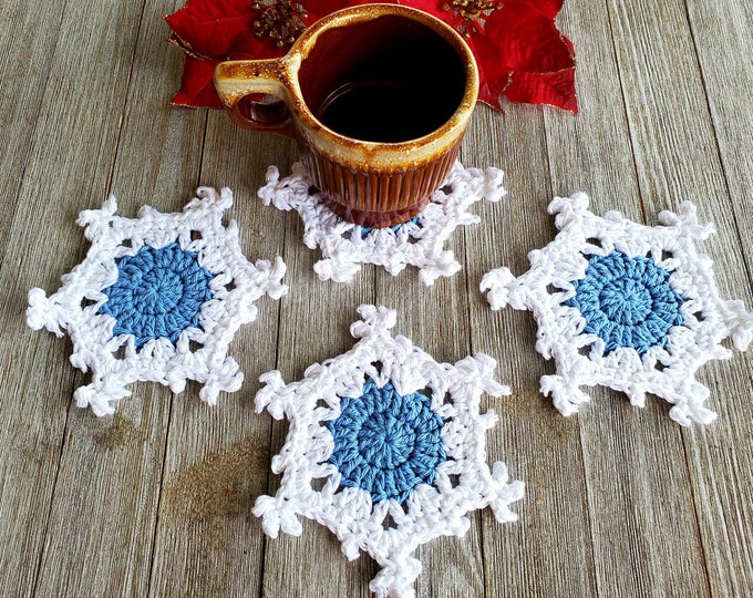 Snowflake Coaster Set Set of 4 Crochet Cotton Coasters Blue - Etsy