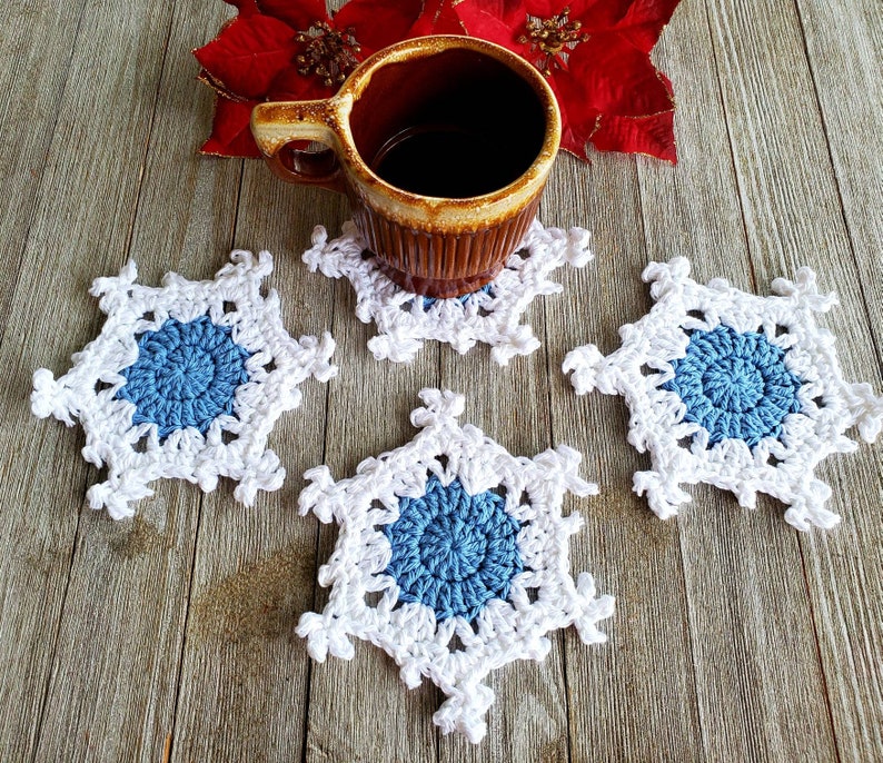 Snowflake Coaster Set Set of 4 Crochet Cotton Coasters Blue | Etsy