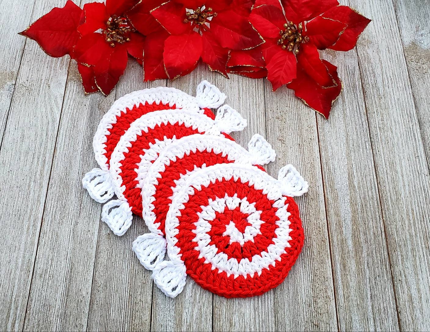 Peppermint Candy Coaster Set, Crochet Cotton Coasters, Candy Cane ...