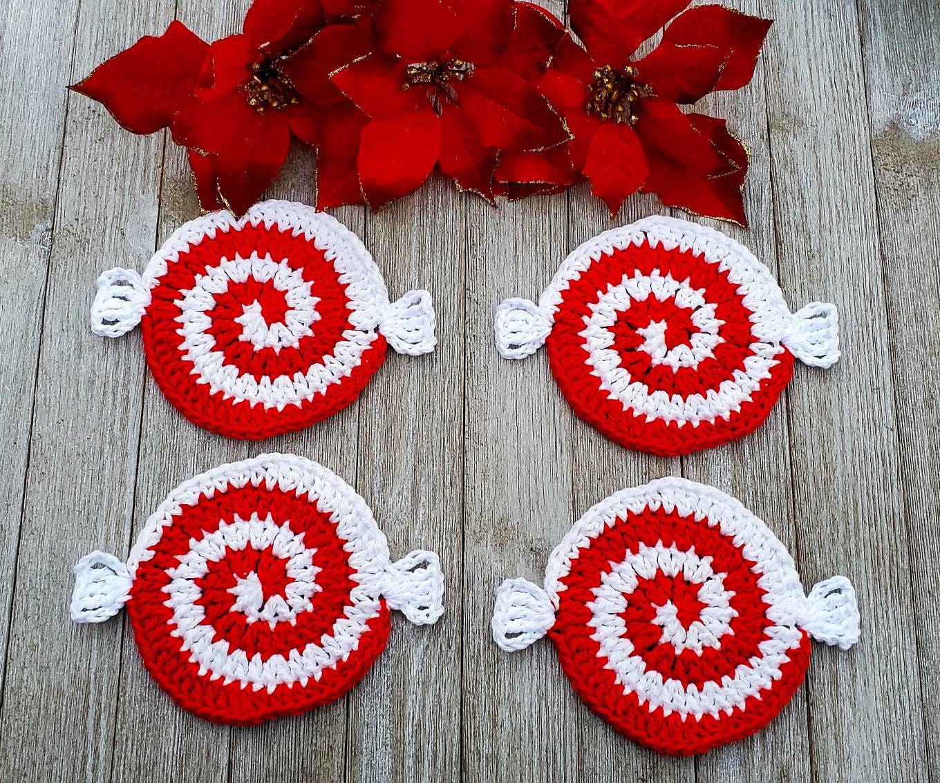 Peppermint Candy Coaster Set, Crochet Cotton Coasters, Candy Cane ...
