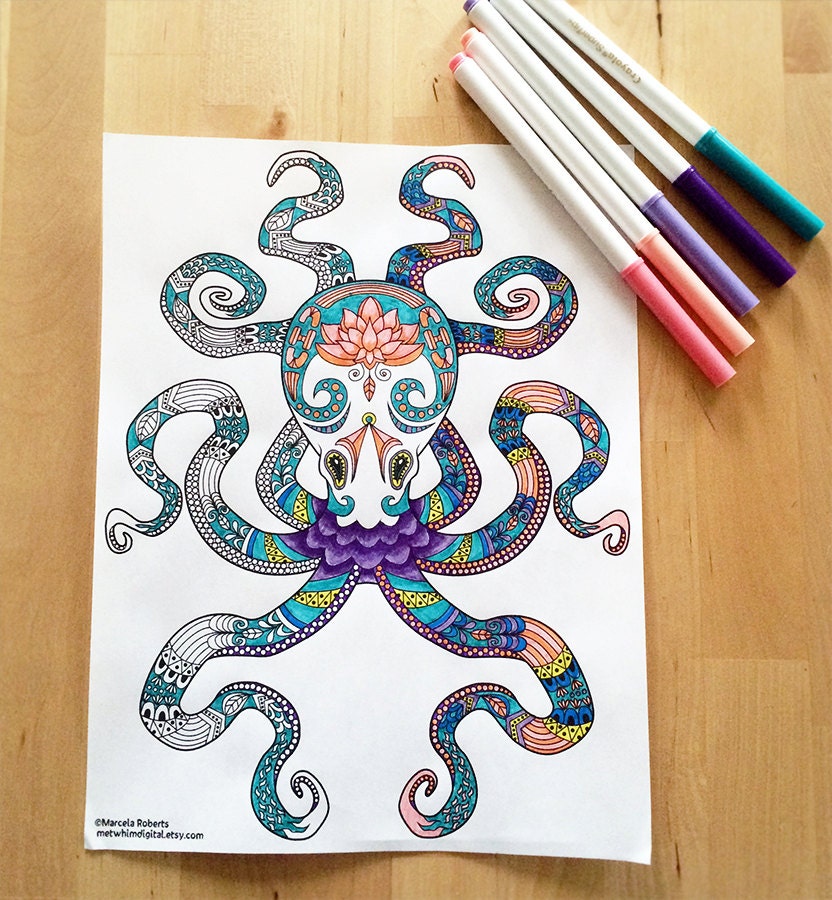 Octopus Coloring Page: Nautical Lotus Flower Design (digital Download ...