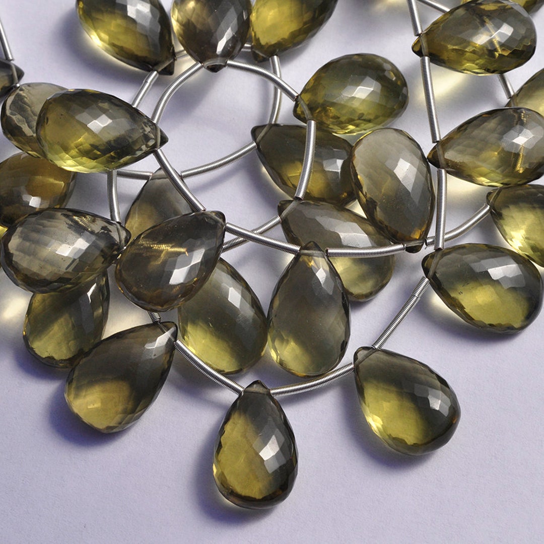 AAA Olive Quartz Micro Faceted Flat Pear 14-16mm Long Briolette ...