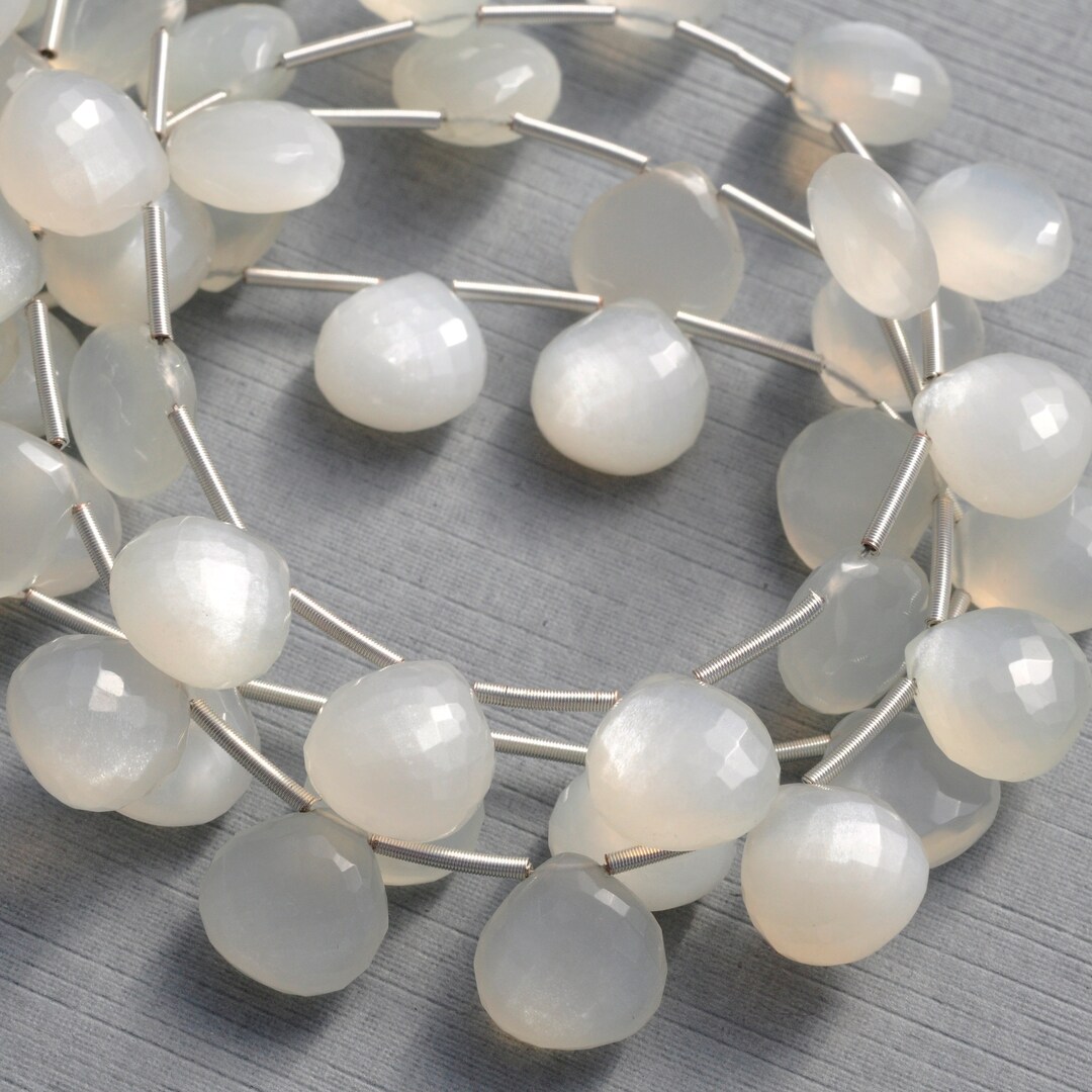 AAA White Moonstone Micro Faceted 8-10mm Heart Briolette Gemstone Beads ...
