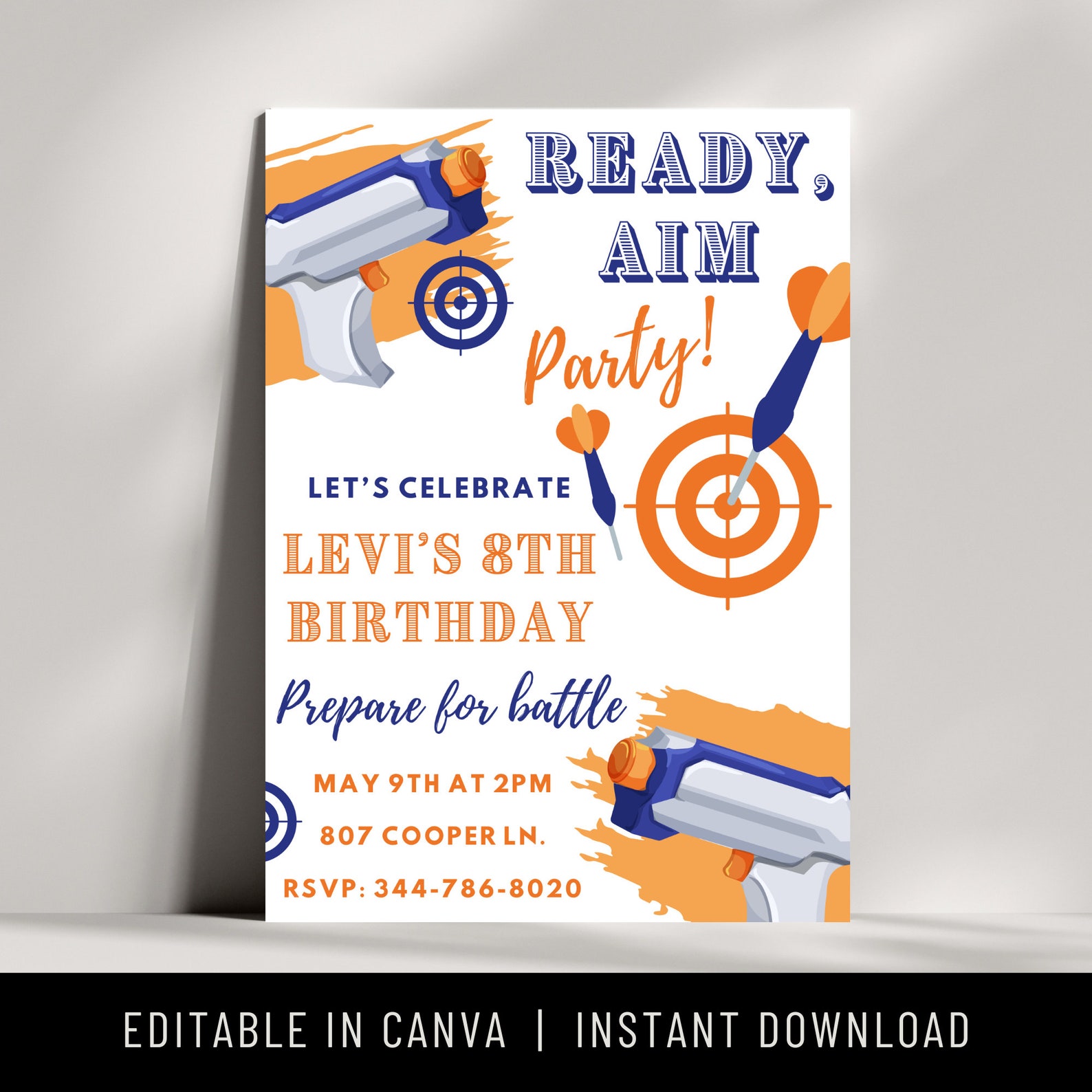 Dart Gun Birthday Party Invitation, Editable Template (digital Download ...