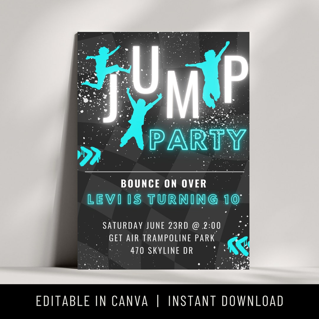 Editable Jump Party Invite 10th Birthday Evite Trampoline Birthday Neon ...