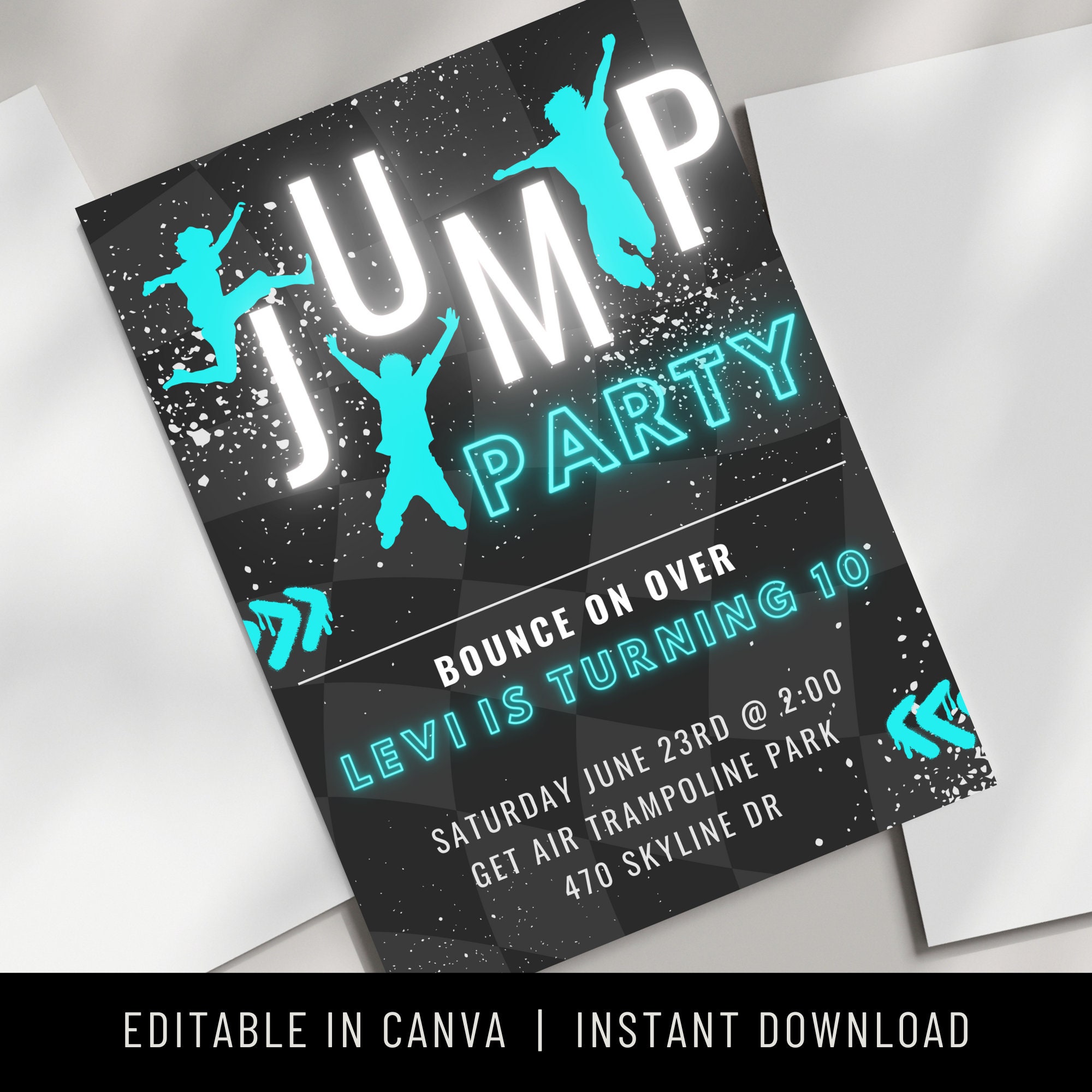 Editable Jump Party Invite 10th Birthday Evite Trampoline Birthday Neon ...