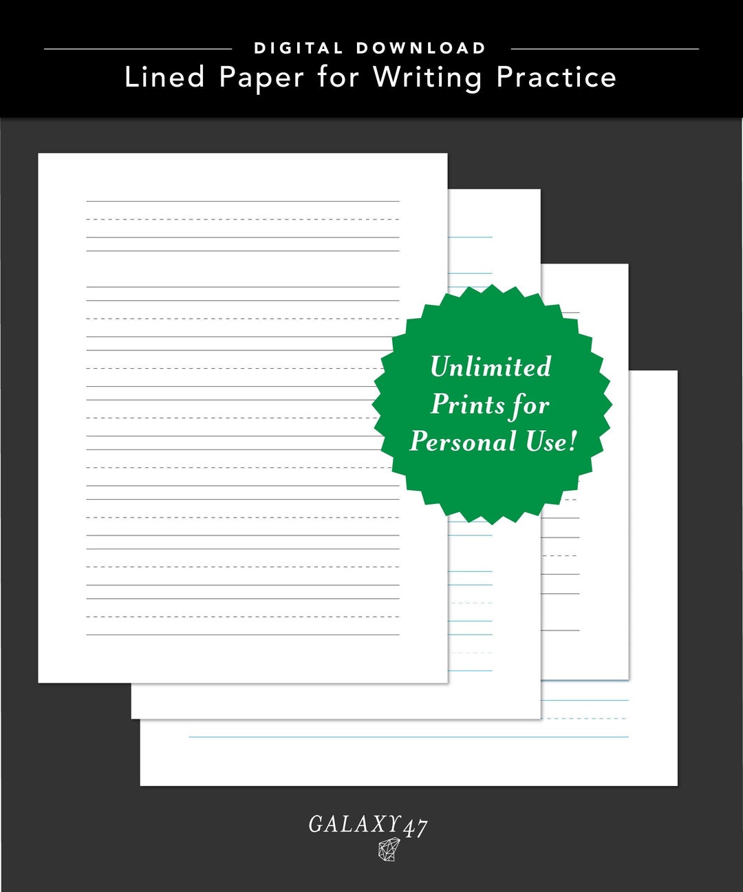 Printable Lined Paper PDF for Elementary Kids Writing Practice Digital ...