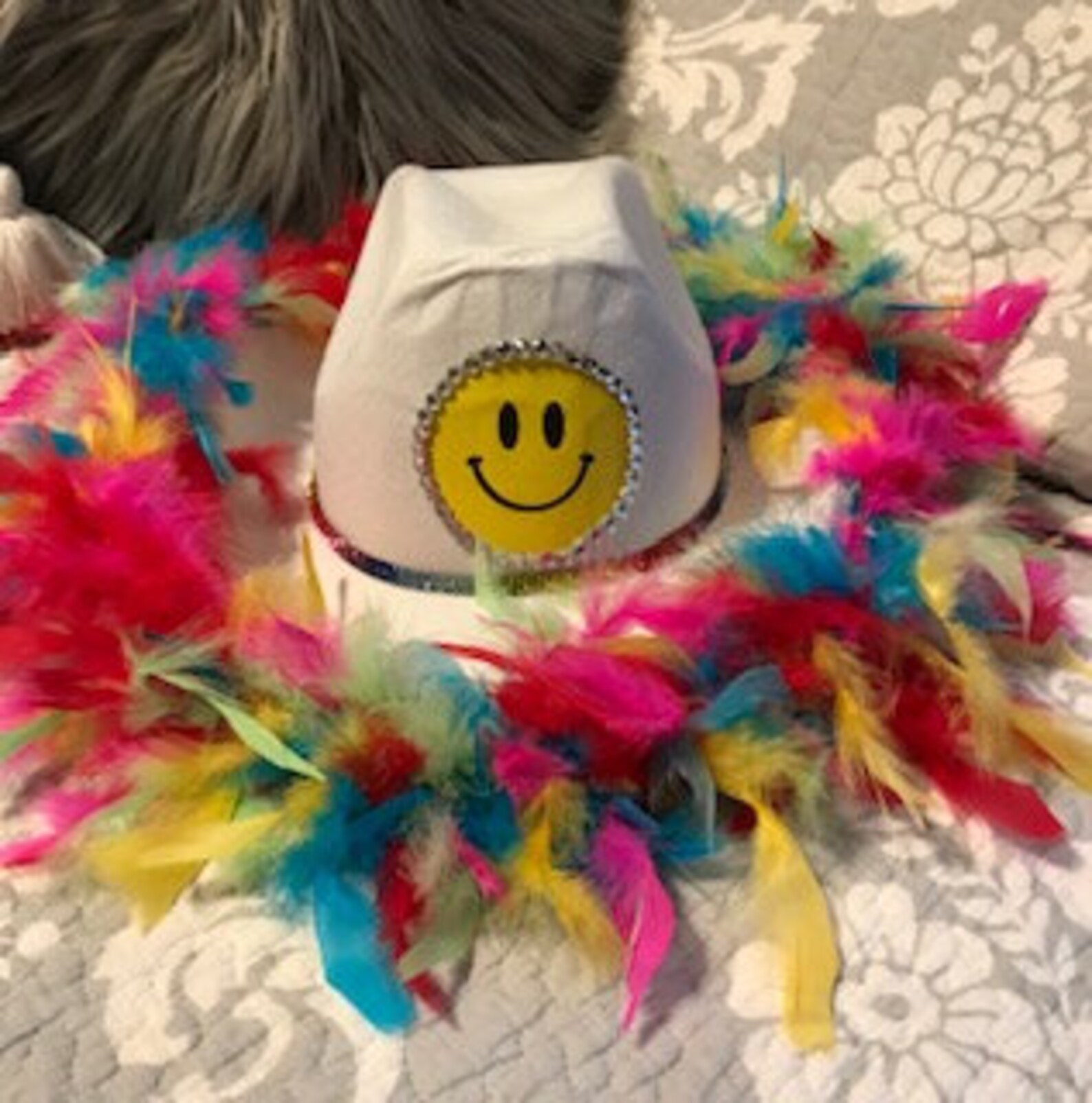 Smiley Face Cowboy Hat Tik Tok Hat Feather Boa Rhinestone - Etsy