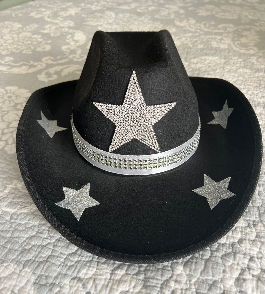 Blinged Black Cowboy Hat Tik Tok Hat Party Hat Silver Stars - Etsy ...