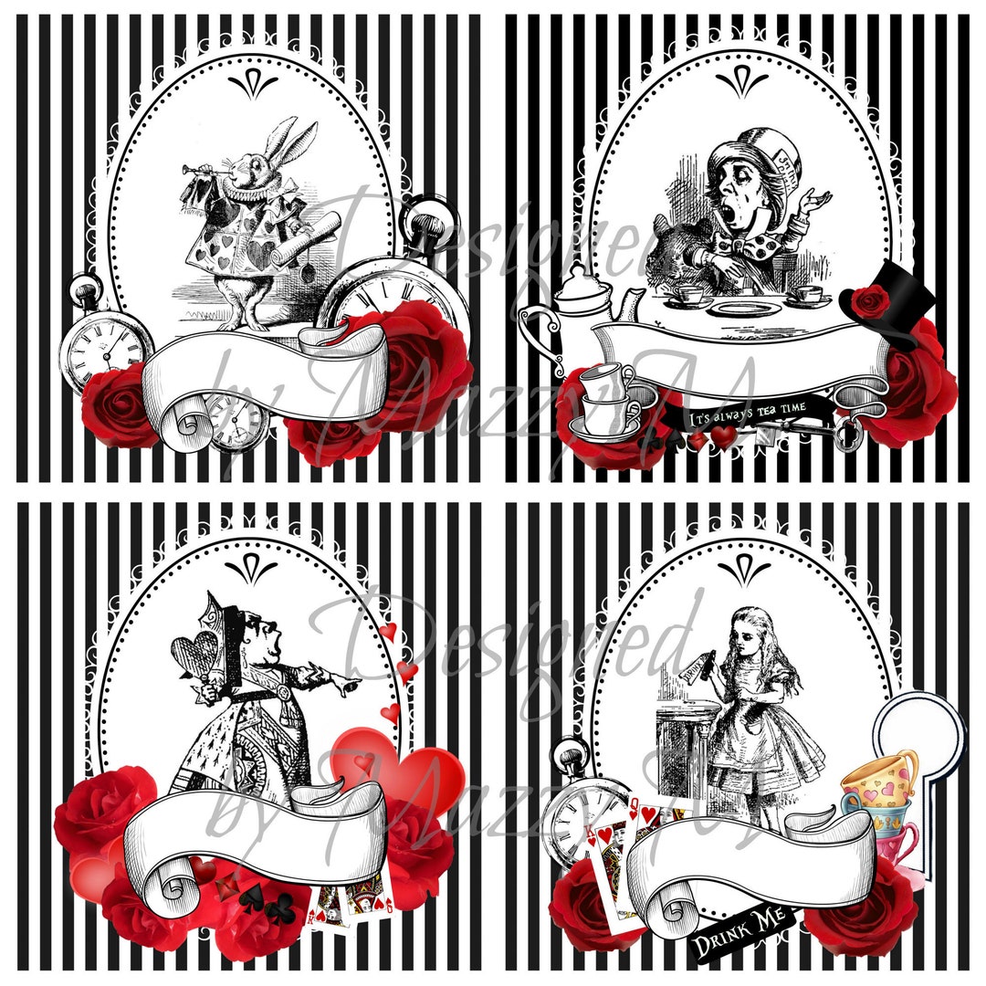 4 Large Alice in Wonderland Cards Digital Images Instant - Etsy
