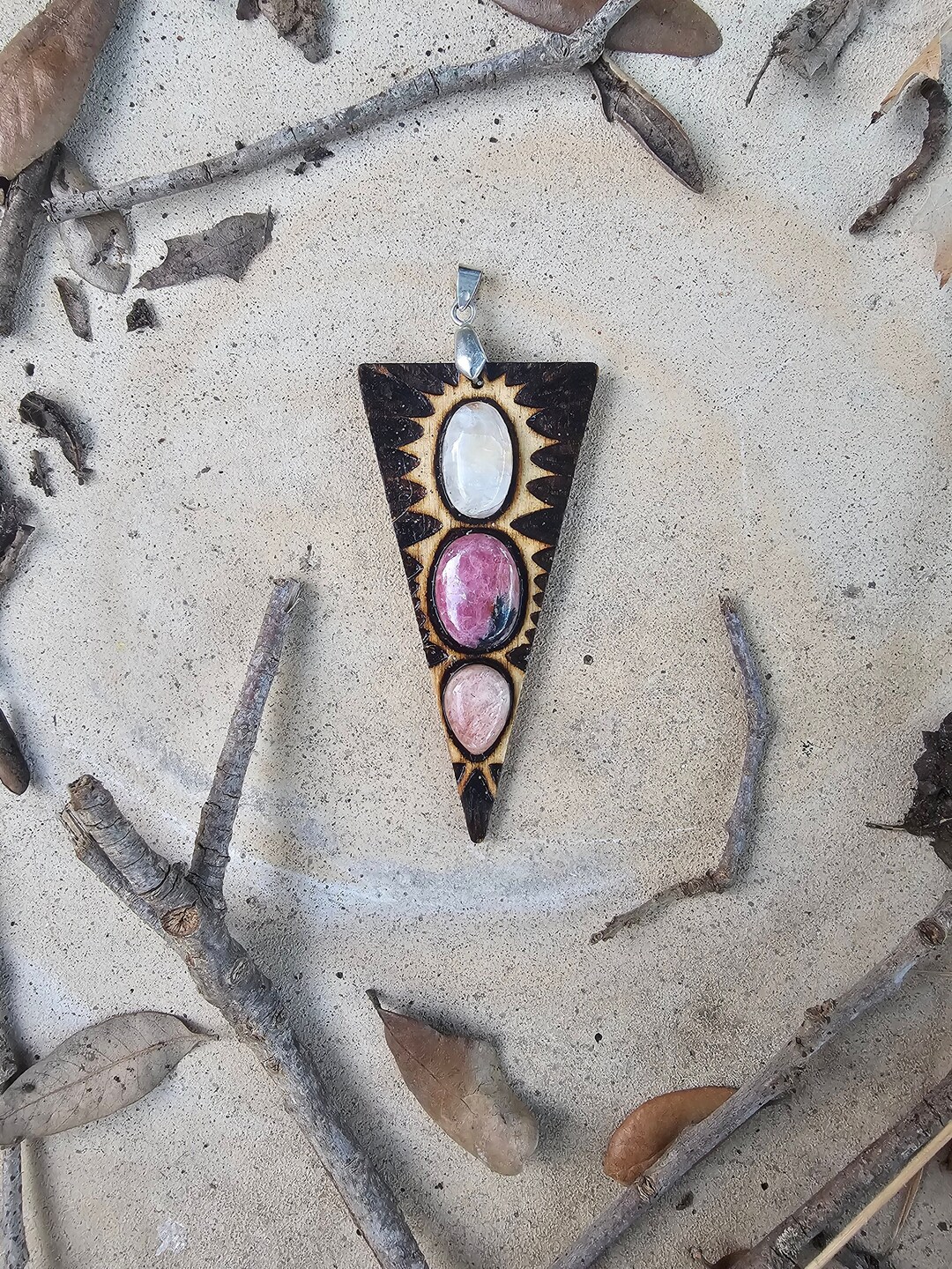 Pyrography Goddess Triple Stone Wood Pendant - Etsy