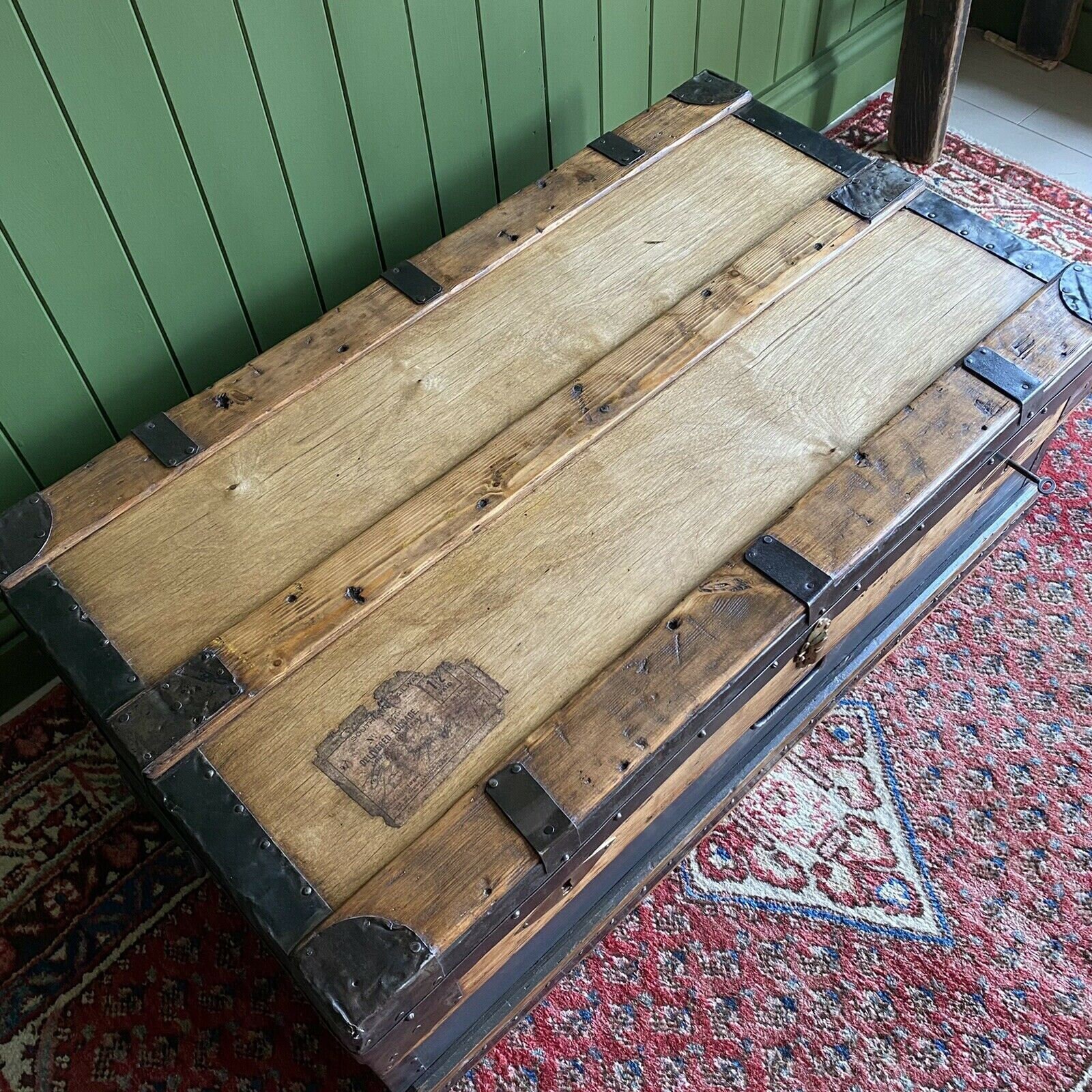 ANTIQUE Industrial Rustic Trunk Chest Coffee Table Storage Box Key ...