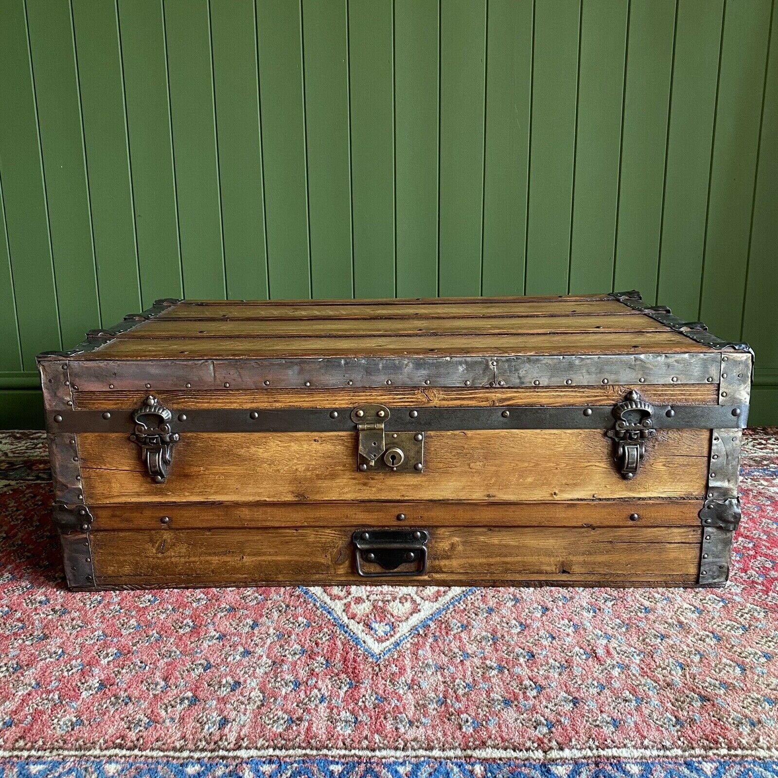 ANTIQUE Victorian Banded Steamer TRUNK Old Rustic Pine CHEST Wooden ...
