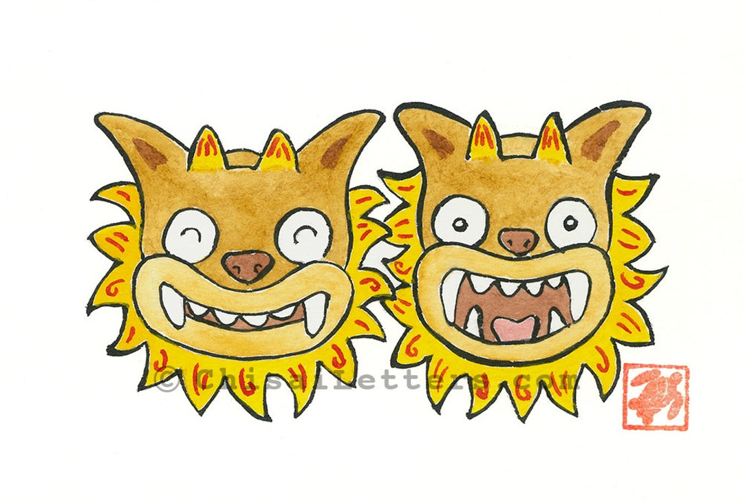 Pair of Shisa Heads Original Watercolor & Ink Painting - Etsy