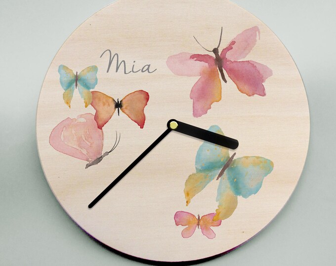 Girls Clock / Butterflies / Wooden Clock / Personalised Clock / Pastel ...