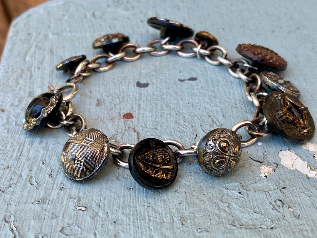 Antique Black Glass Button Bracelet With Oxidized Silver - Etsy