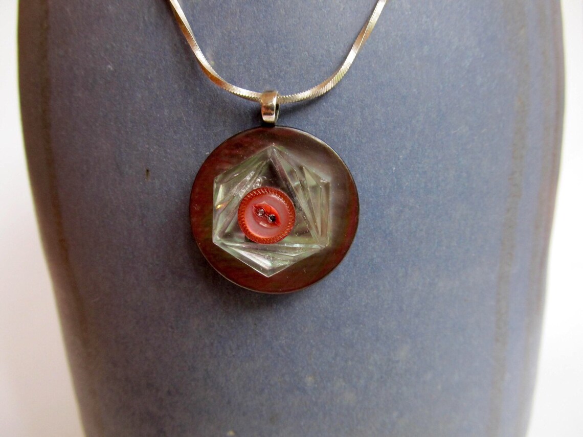 Vintage Cut Glass Button & Abalone Stacked Button Pendant Necklace W ...