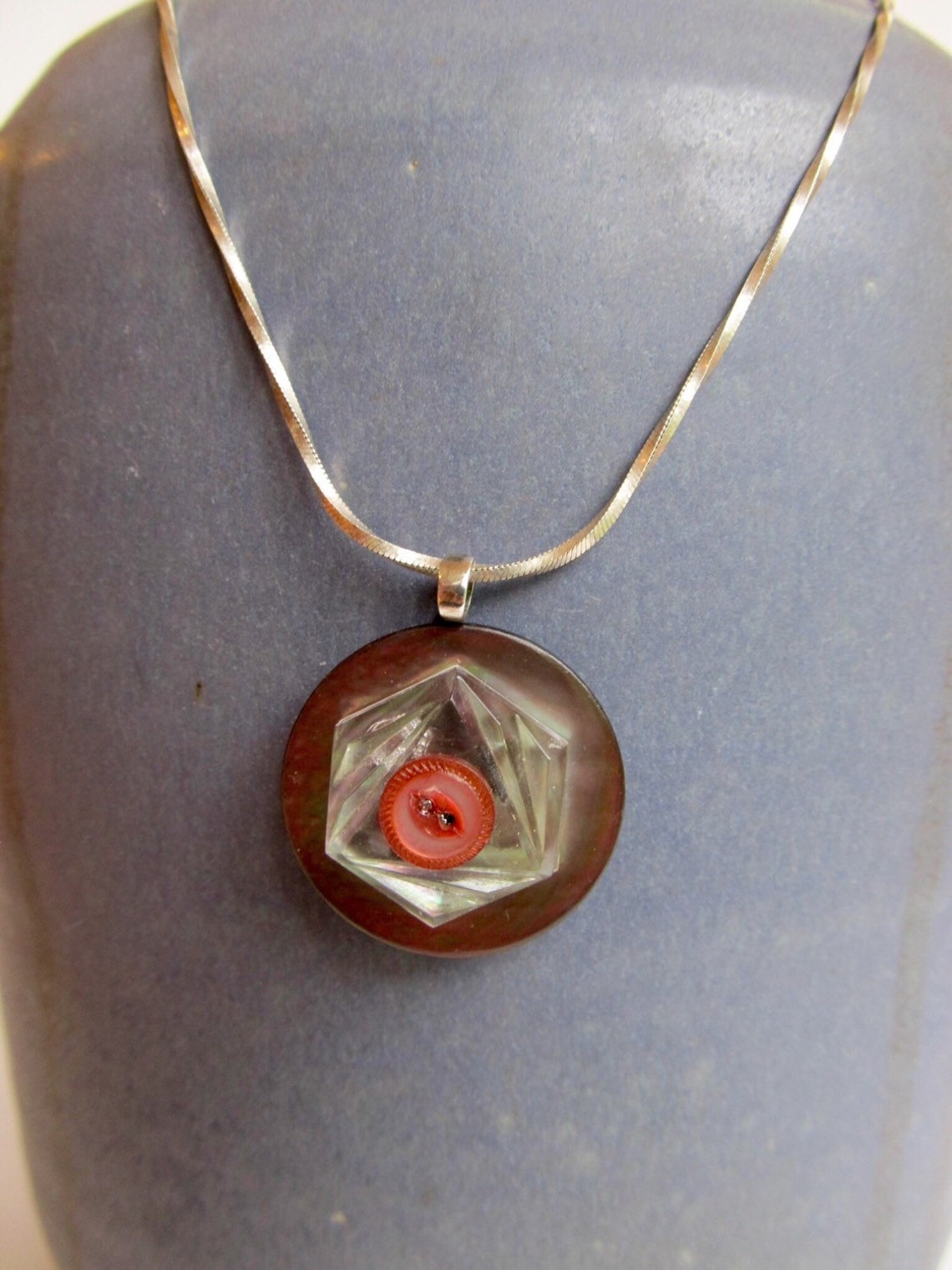 Vintage Cut Glass Button & Abalone Stacked Button Pendant Necklace W ...