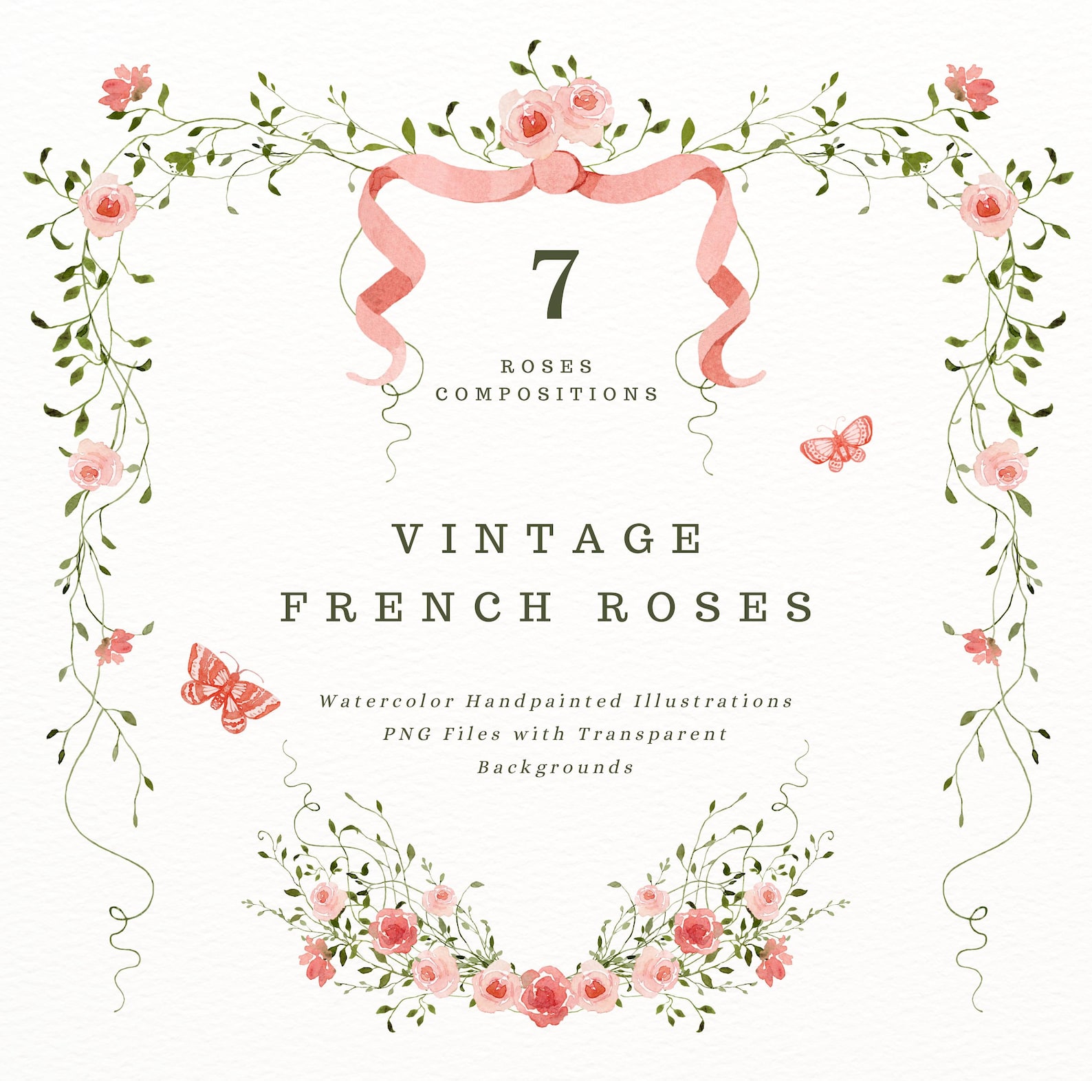 Vintage French Roses With Butterflies Clipart. Baroque Wedding ...