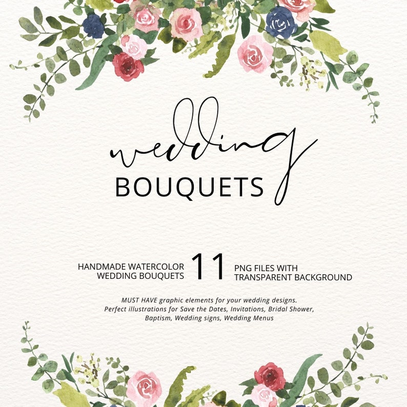 Wedding Bouquets Clipart, Rustic Boho Flower Bunches Illustrations ...
