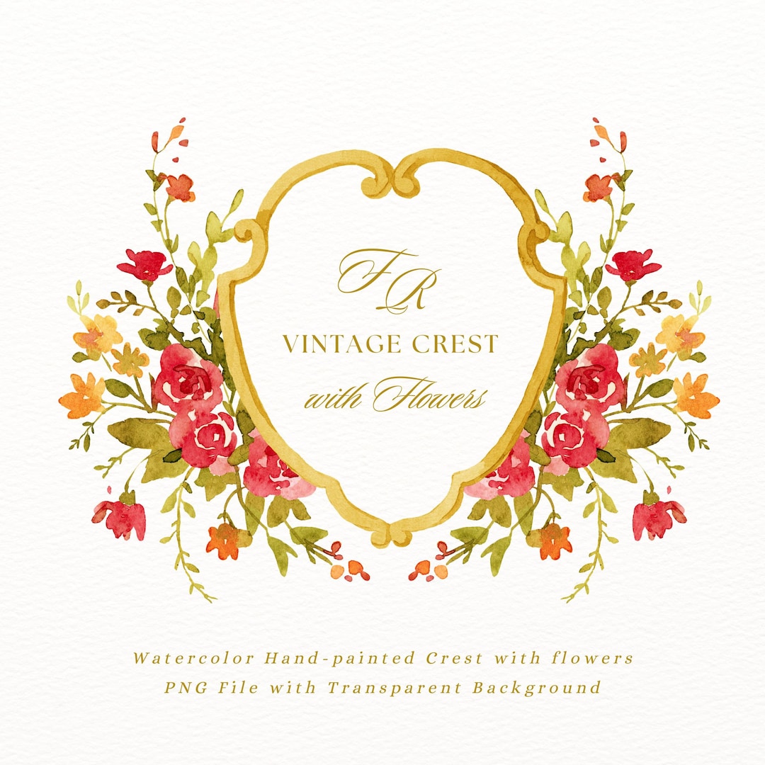Gold Wedding Crest With Red Flowers. Baroque Wedding Invitation Decor ...