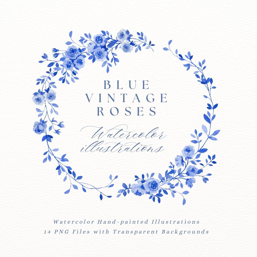 Blue Vintage French Roses Clipart. Baroque Wedding Invitation Decor ...