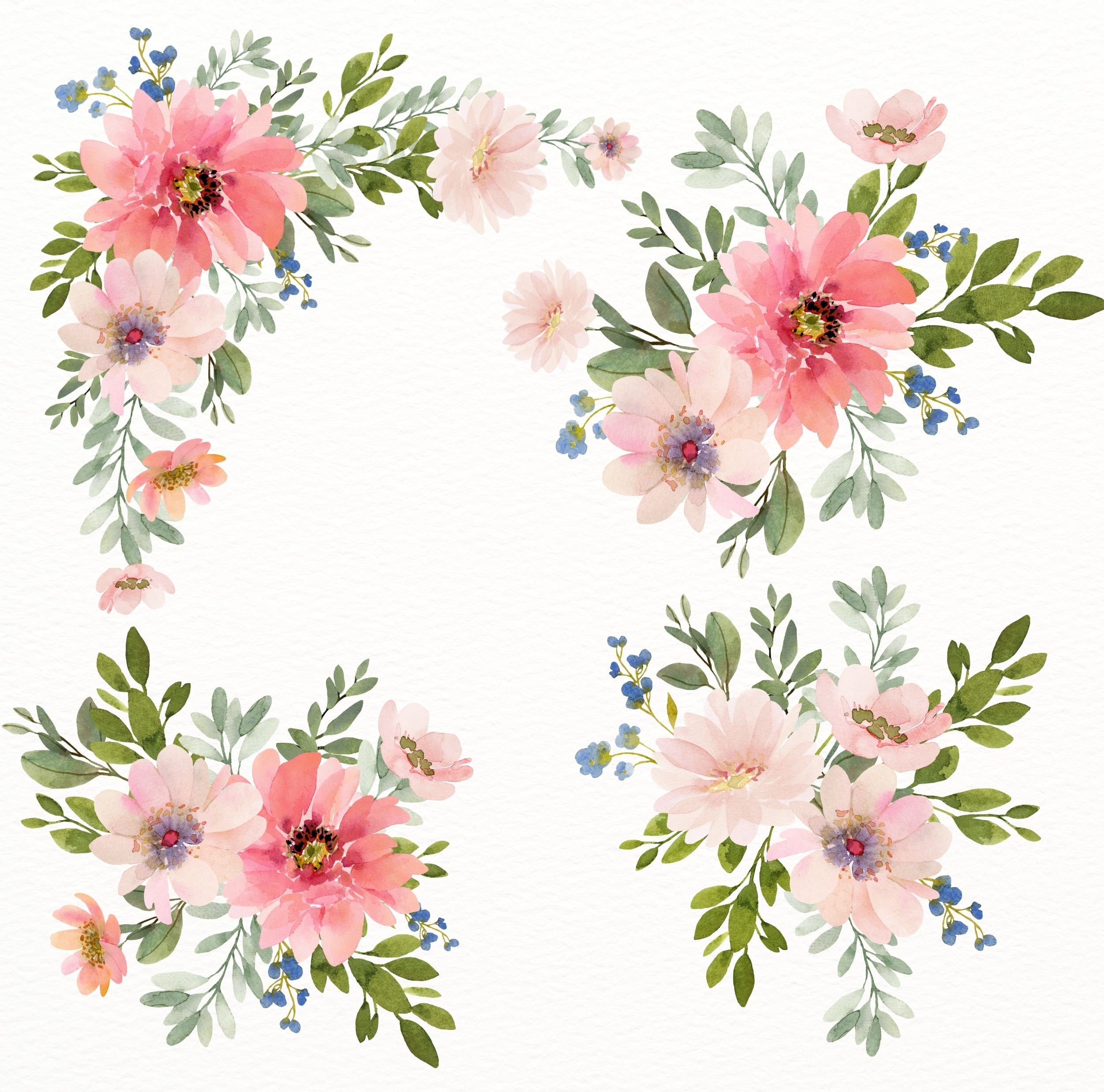 Abstract Pink Watercolor Flowers Bouquets Clipart. Classic Floral ...